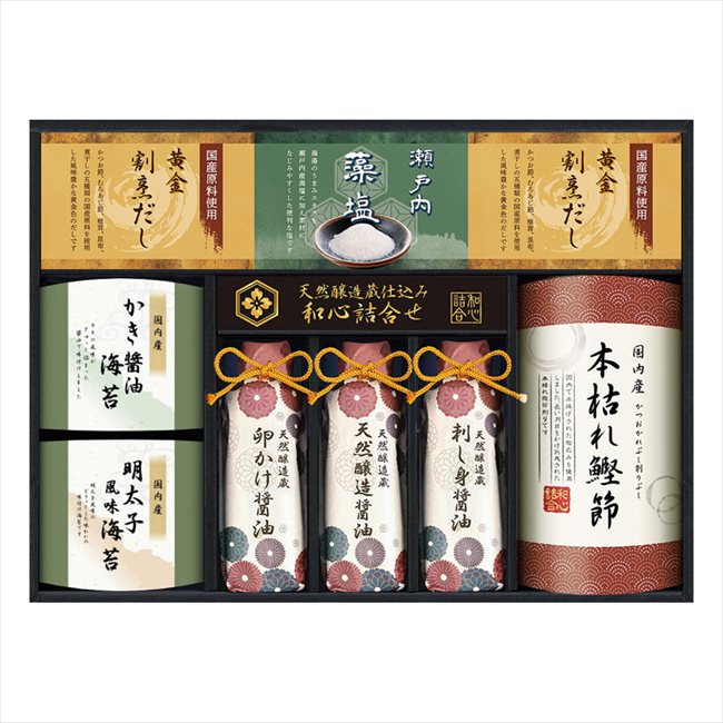 ■商品紹介：老舗醤油蔵の天然醸造製法でつくられた卓上サイズのお醤油と、風味豊かな味付海苔や、本枯れ節を詰め合わせました。老若男女どなたにも喜ばれる和食ギフトです。 ■商品内容：黄金割烹だしパック（8g）×4、本枯れ鰹節（2g）×3、牡蠣醤油...