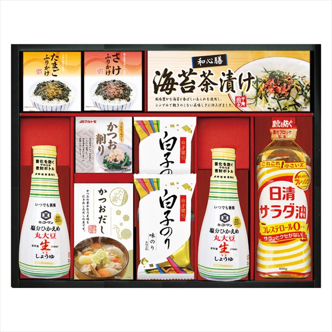 ■商品紹介：通常のしょうゆと違い、「火入れ」（加熱処理）をしていない塩分ひかえめの丸大豆生しょうゆと食卓を彩るバラエティ豊かなセットです ■商品内容：キッコーマン塩分ひかえめ丸大豆生しょうゆ（200ml）・白子のり味のり（8切5枚）×各2、...