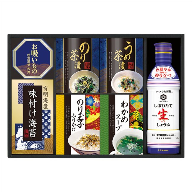 ■商品紹介： ■商品内容：永谷園お吸いもの松茸風味（2.3g×2袋）・有明海産味付け海苔（8切4枚×2袋）・のり茶漬け・うめ茶漬け（各4.3g×2袋）・のり玉子ふりかけ（4.5g×2袋）・わかめスープ（5.3g×2袋）・キッコーマンしぼりた...