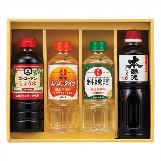 ■商品紹介： ■商品内容：キッコーマンこいくちしょうゆ・サンビシ本醸造しょうゆ（各500ml）・日の出（料理酒・割烹みりんタイプ）（各400ml）×各1 ■パッケージサイズ：25.5×30.5×7.5cm ■賞味期限（ある場合）：常温1年 ...