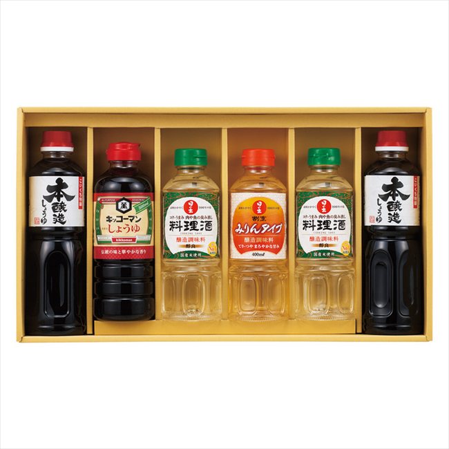 ■商品紹介： ■商品内容：サンビシ本醸造しょうゆ（500ml）・日の出料理酒（400ml）×各2、キッコーマンこいくちしょうゆ（500ml）・日の出割烹みりんタイプ（400ml）×各1 ■パッケージサイズ：25.5×45.3×7.5cm ■...