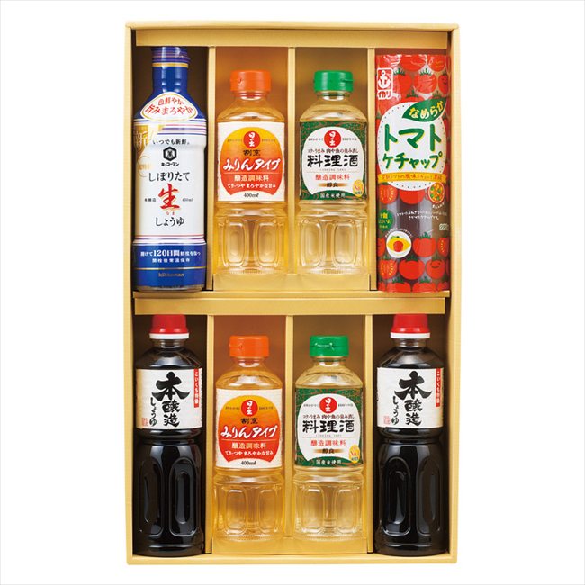 ■商品紹介： ■商品内容：サンビシ本醸造しょうゆ（500ml）・日の出（料理酒・割烹みりんタイプ）（各400ml）×各2、キッコーマンいつでも新鮮しぼりたて生しょうゆ（450ml）・イカリなめらかトマトケチャップ（280g）×各1 ■パッケ...