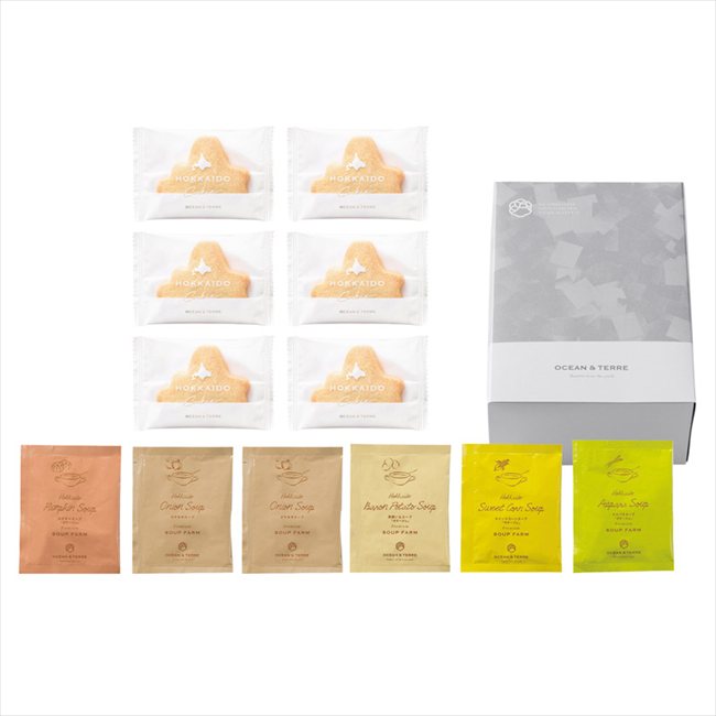 ■商品紹介：北海道の雄大な大地が育んだ野菜の旨味を、気軽に楽しめる専用カップ付ギフトセットです。 ■商品内容：スープ用CUP・クッキー×各6、北海道産スープ（玉ねぎ）×2、北海道産スープ（かぼちゃ・アスパラ・スイートコーン・男爵いも）×各1...