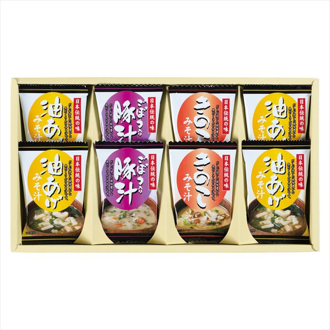 ■商品紹介：お味噌汁（油揚げ）:×4個、お味噌汁（きのこ）:×2個、お味噌汁（豚汁）:×2個 凍結乾燥の技術でお湯を注ぐだけでおいしさそのままのお味噌汁詰合せ。油揚げとわかめを使い、和風だしを効かせた定番の味噌汁（油揚げ）。3種のきのこを使...