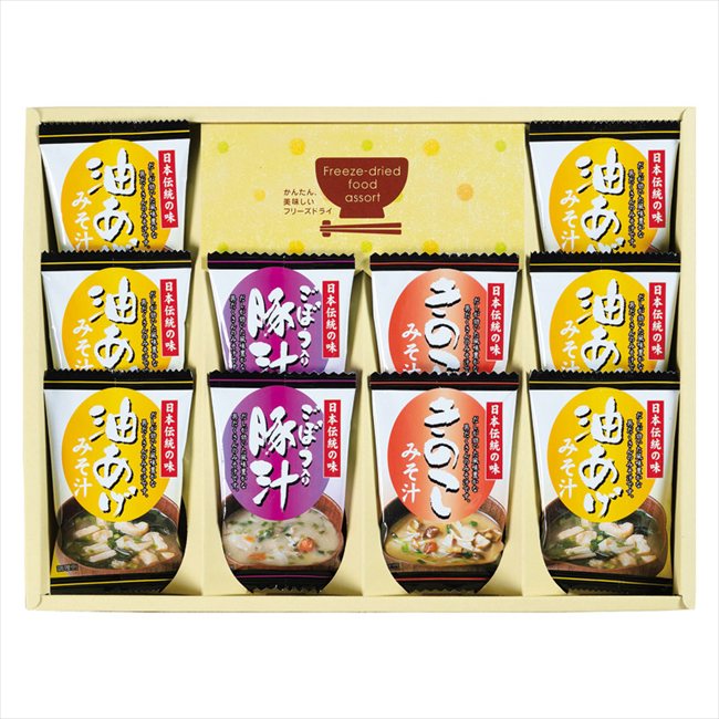 ■商品紹介：凍結乾燥の技術でお湯を注ぐだけでおいしさそのままのお味噌汁詰合せ。油揚げとわかめを使い、和風だしを効かせた定番の味噌汁（油揚げ）。3種のきのこを使い、米みそと豆みそをブレンドした風味豊かな味噌汁（きのこ）。豚肉と野菜の旨味にごぼ...