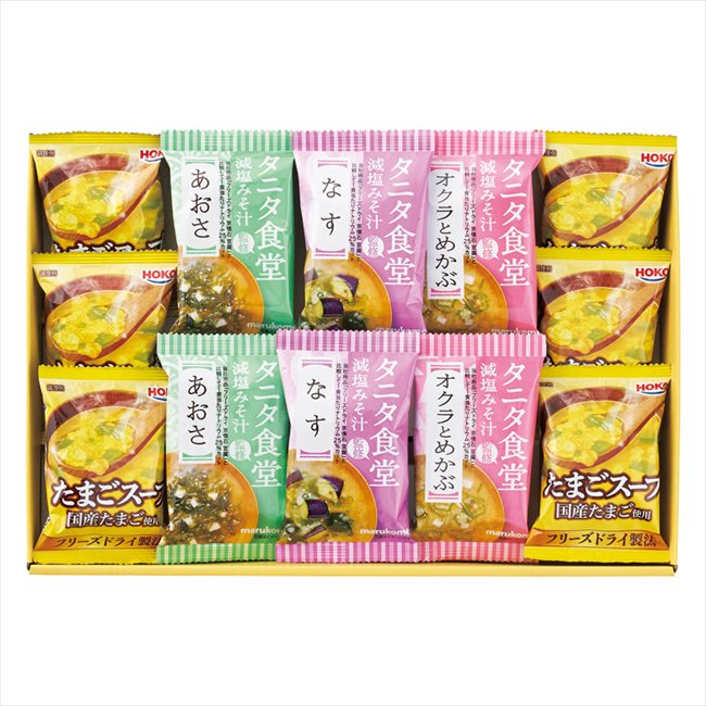 ■商品紹介：丸の内タニタ食堂の減塩みそを使用。みその甘みを活かしたやさしい味わいにだしを加えておいしく仕上げました。たまごスープを組合せたギフトです。 丸の内タニタ食堂の減塩みそを使用。みその甘みを活かしたやさしい味わいにだしを加えておいし...