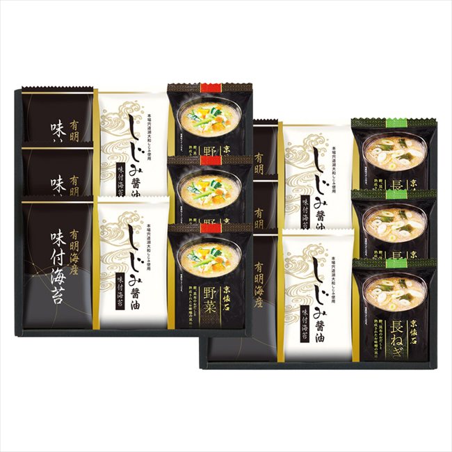 ■商品紹介： ■商品内容：有明海産味付海苔（8切8枚）×6、しじみ醤油味付海苔（8切8枚）×4、マルコメ京懐石おみそ汁（野菜（17.4g）・長ねぎ（15.7g））×各3 ■パッケージサイズ：24.5×24×10cm ■賞味期限（ある場合）：...