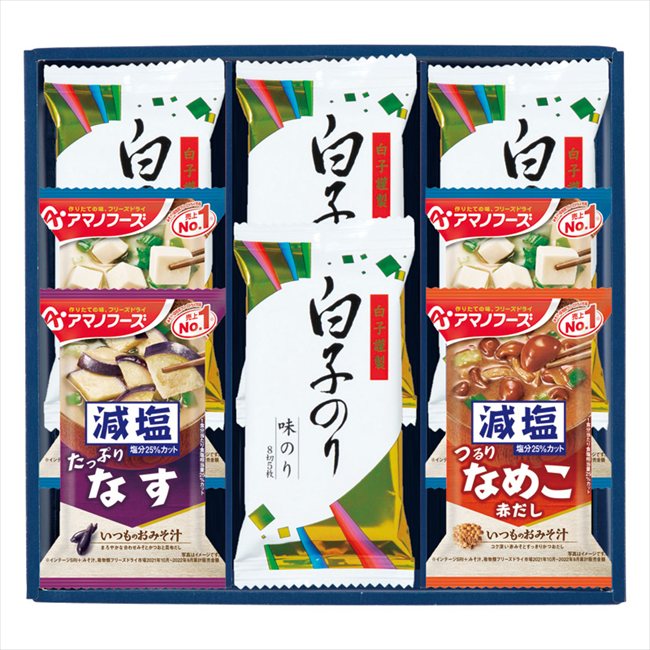 ■商品紹介：アマノフーズの減塩タイプみそ汁と白子のり味のりを詰合せました。 アマノフーズの減塩タイプみそ汁と白子のり味のりを詰合せました。 ■商品内容：白子のり味のり（8切5枚入）×4、減塩いつものおみそ汁（とうふ10.3g×2）、減塩いつ...