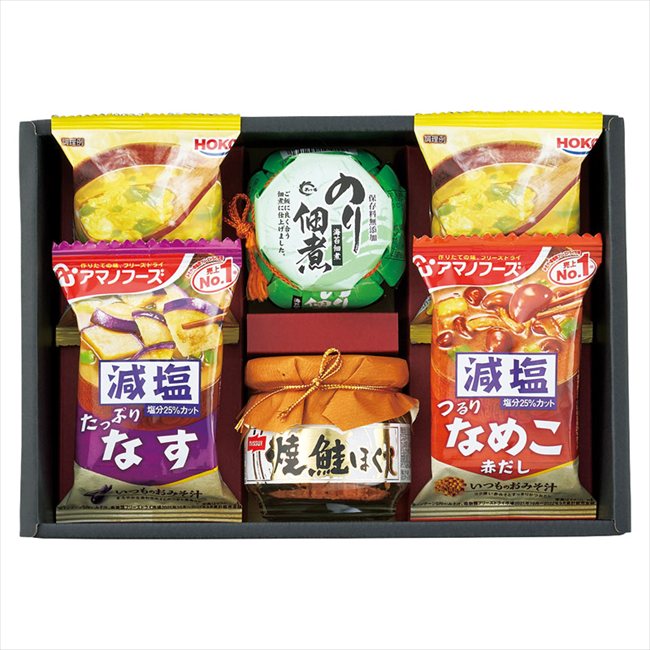 ■商品紹介：アマノフーズのだしの旨みと香りが引き立つ減塩おみそ汁とたまごスープに小豆島の醤油で炊き上げた海苔の佃煮焼鮭ほぐしを組み合させてギフトです。 アマノフーズのだしの旨みと香りが引き立つ減塩おみそ汁とたまごスープに小豆島の醤油で炊き上...