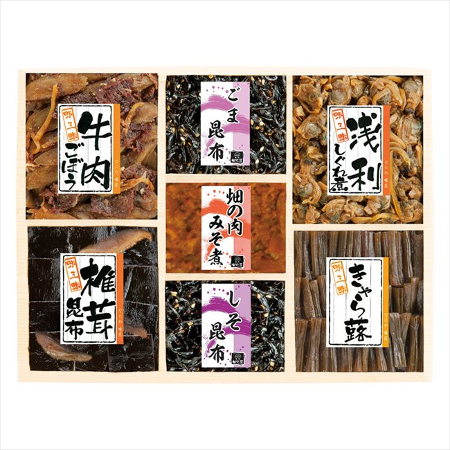 ■商品紹介：職人が丹精込めて炊き上げた和食の保存食、佃煮昆布詰合せです。 ■商品内容：椎茸昆布・きゃら蕗（各60g）・牛肉ごぼう・浅利しぐれ煮（各50g）・ごま昆布・畑の肉みそ煮・しそ昆布（各30g）×各1 ■パッケージサイズ：30.8×2...