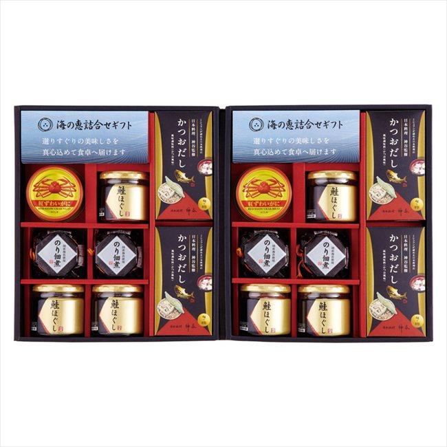 ■商品紹介：ミシュランが認める日本料理店 「神谷」監修の味をご家庭でもお楽しみください ■商品内容：鮭ほぐし（50g）×6、のり佃煮（80g）・かつおだし（4g×8袋）×各4、紅ずわいがにほぐし身（55g）×2 ■パッケージサイズ：30×2...