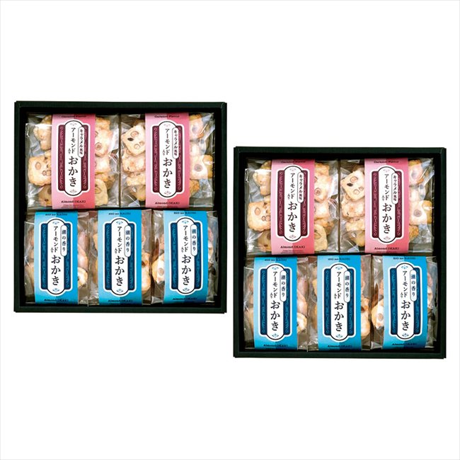 ■商品紹介：アーモンド入りの香ばしいおかき。定番の塩味と甘じょっぱいキャラメル味。どちらもとまらない美味しさ。 ■商品内容：アーモンドおかき（潮の香り）（32g）×6、アーモンドおかき（キャラメル風味）（55g）×4 ■パッケージサイズ：2...