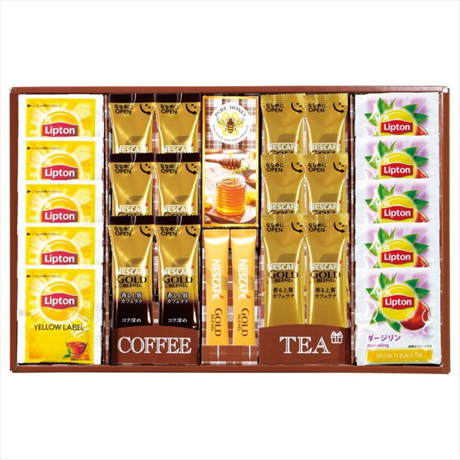 ■商品紹介： こだわりのコーヒーと紅茶に、やさしい甘さのスティックハニーを添えて。手軽に贅沢なひとときを楽しめる、上質なティーギフトセットです。自分へのご褒美にも、大切な人への贈り物にも。 ■商品内容：ネスカフェ ゴールドブレンド（カフェラ...