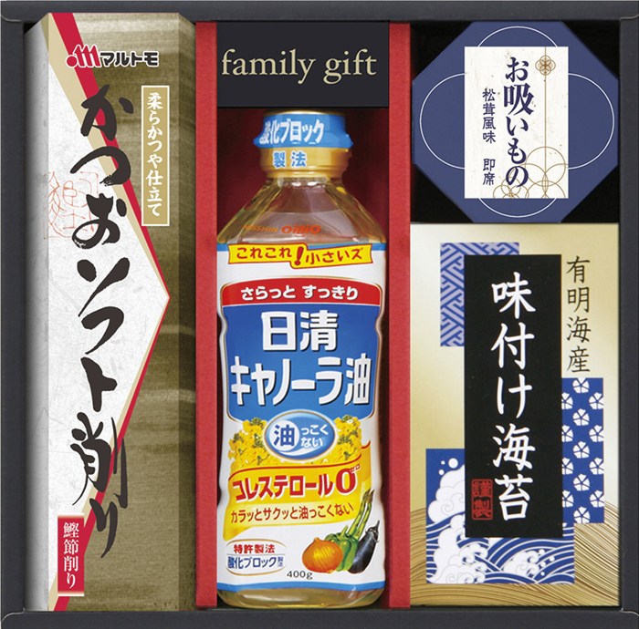 ■お中元専用商品となります。商品出荷日：6月12日から8月8日ごろ ◆商品紹介：＜BR> ■商品内容：有明海産味付け海苔（8切4枚×2袋）・永谷園お吸いもの松茸風味（2.3g×2袋）・マルトモかつおソフト削り（2g×3袋）・日清キャノーラ油...