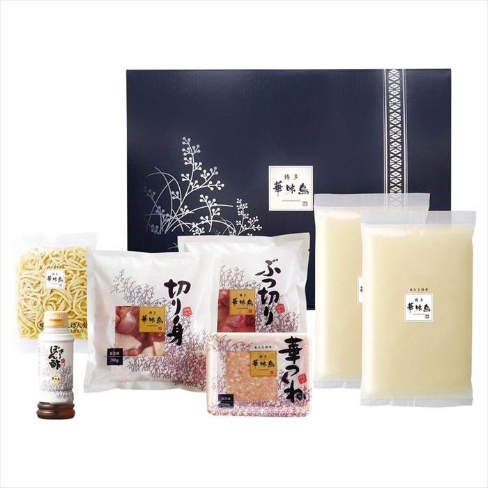 ■お歳暮専用商品となります。商品出荷日：11月4日から12月10日ごろ 水たき生スープ（600g）×2、華味鳥（切り身・ぶつ切り）（各300g）・華つくね（200g）・博多ぽん酢（220ml）・ちゃんぽん麺（150g）×各1 ■商品紹介：博...