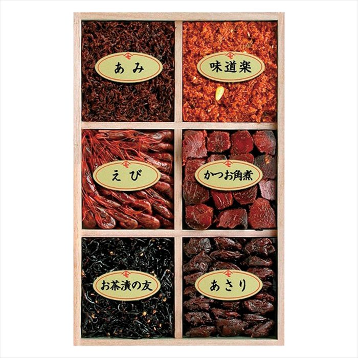 ■お歳暮専用商品となります。商品出荷日：11月4日から12月10日ごろ かつお角煮（40g）・あみ・味道楽・お茶漬けの友・あさり（各30g）・えび（20g）×各1 ■商品紹介： ■パッケージサイズ：22.9×14.2×3.2 ■商品重量（k...