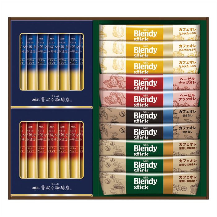 ■お歳暮専用商品となります。商品出荷日：11月4日から12月10日ごろ 「ちょっと贅沢な珈琲店?」（ブラジルブレンド・モカブレンド）（各2g）×各7、「ブレンディ?」スティック （カフェオレ・カフェオレ ミルクたっぷり）（各14g）×各3、...