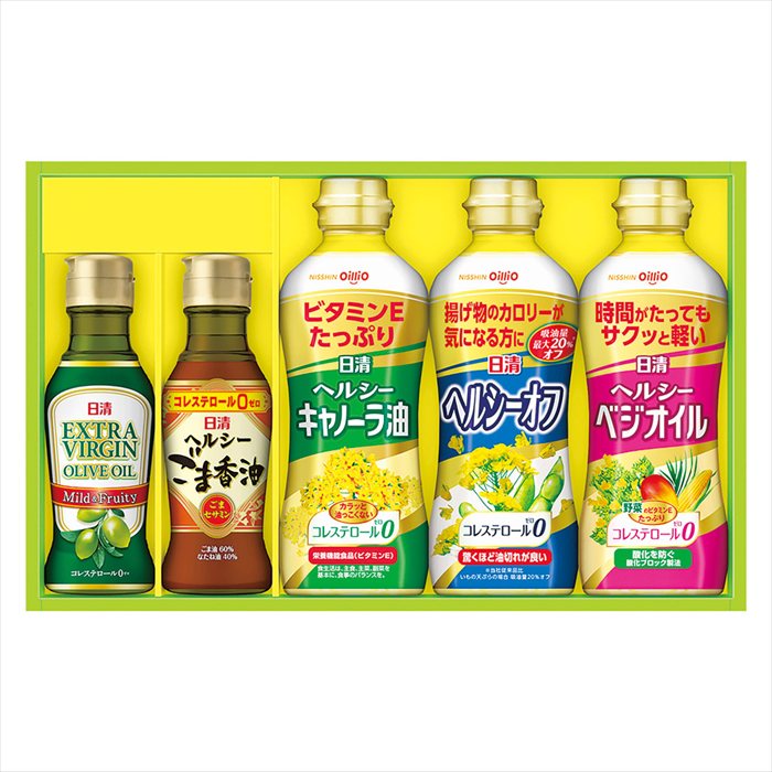 ■お歳暮専用商品となります。商品出荷日：11月4日から12月10日ごろ エキストラバージンオリーブオイル・ヘルシーごま香油（各145g）・ヘルシーキャノーラ油・ヘルシーオフ・ヘルシーベジオイル（各350g）・×各1 ■商品紹介： ■パッケー...