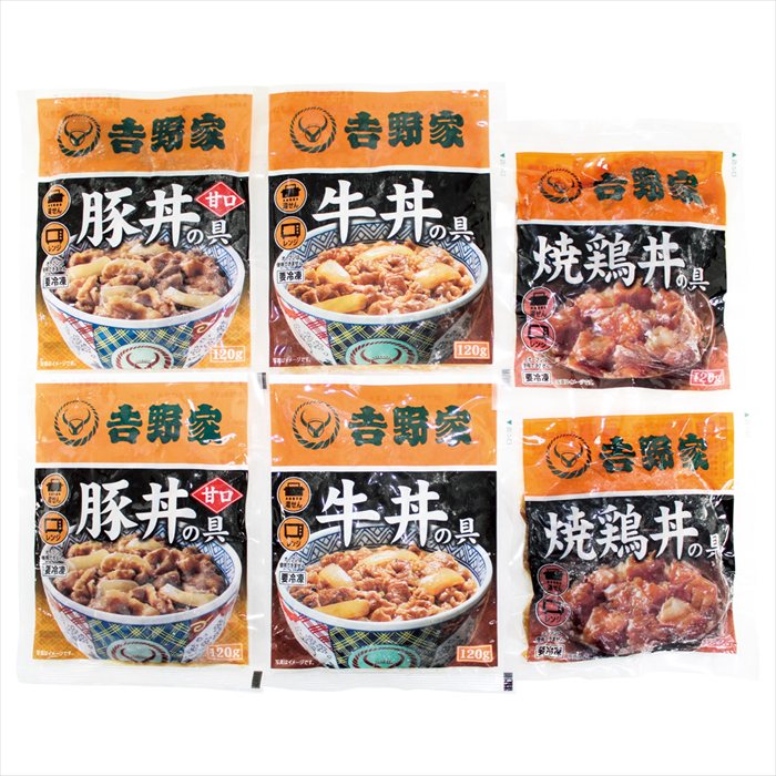 ■お歳暮専用商品となります。商品出荷日：11月4日から12月10日ごろ 牛丼の具・豚丼の具・焼鶏丼の具(各120g)×各2 ■商品紹介：門外不出の吉野家秘伝の味をご家庭でお楽しみください。 ■パッケージサイズ： ■商品重量（kg）：0.72...