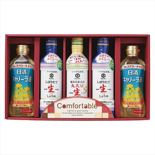 ■セット内容：日清キャノーラ油350g×2、キッコーマンしぼりたて生しょうゆ450ml×2、キッコーマン塩分ひかえめ丸大豆生しょうゆ450ml×1 メーカー希望小売価格はメーカーカタログに基づいて掲載しています ■さまざまなギフトアイテムを...