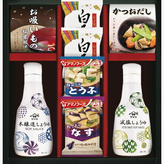 ■セット内容：ヤマサ鮮度しょうゆ200ml、ヤマサ鮮度減塩しょうゆ200ml、永谷園お吸いもの(2.3g×2)、白子のり味のり(8切5枚)×2、アマノフーズいつものおみそ汁なす9.5g、アマノフーズいつものおみそ汁とうふ10g、シーラックか...