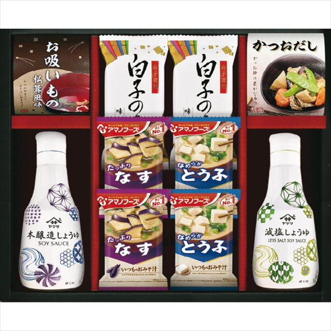 ■セット内容：ヤマサ鮮度しょうゆ200ml、ヤマサ鮮度減塩しょうゆ200ml、永谷園お吸いもの(2.3g×2)、白子のり味のり(8切5枚)×2、アマノフーズいつものおみそ汁なす9.5g×2、アマノフーズいつものおみそ汁とうふ10g×2、シー...