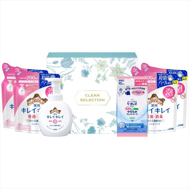 ■セット内容：ライオン　キレイキレイ薬用泡ハンドソープ250ml（本体）×1、ライオン　キレイキレイ薬用泡ハンドソープ200ml（詰替）×4、花王　ビオレu除菌やわらかウェットシートノンアルコール10枚×1 メーカー希望小売価格はメーカーカ...