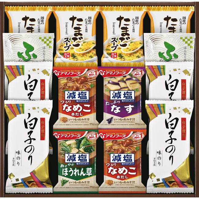 ■セット内容：白子のり味のり(8切5枚)×4、ふぐ入お吸い物3.2g×2、アマノフーズ減塩いつものおみそ汁なす9.0g、アマノフーズ減塩いつものおみそ汁なめこ8.0g×2、アマノフーズ減塩いつものおみそ汁ほうれん草6.8g、たまごスープ6....