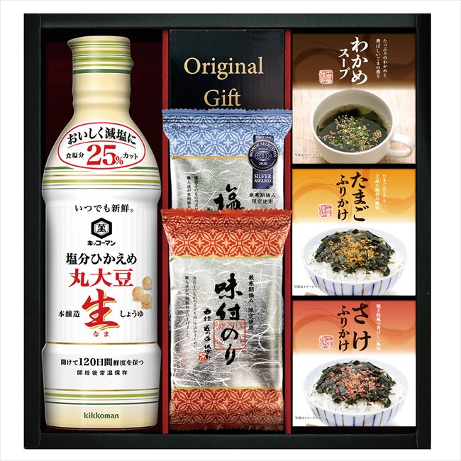 ■セット内容：キッコーマン塩分ひかえめ丸大豆生しょうゆ450ml、わかめスープ（3.8g×3）、丸美屋たまごふりかけ（2.5g×3）、丸美屋さけふりかけ（2.5g×3）、味付のり（8切6枚）、有明海産塩のり（8切6枚） メーカー希望小売価格...