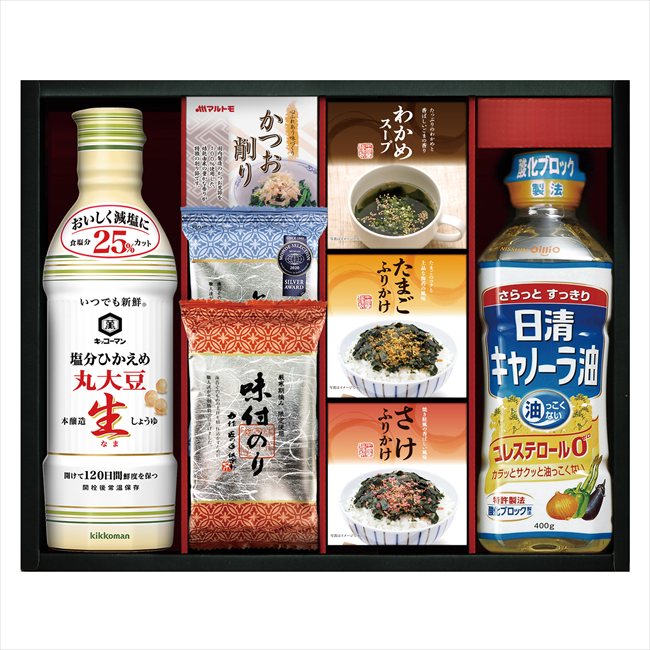 ■セット内容：キッコーマン塩分ひかえめ丸大豆生しょうゆ450ml、わかめスープ（3.8g×3）、丸美屋たまごふりかけ（2.5g×3）、丸美屋さけふりかけ（2.5g×3）、味付のり（8切6枚）、有明海産塩のり（8切6枚）、日清キャノーラ油40...