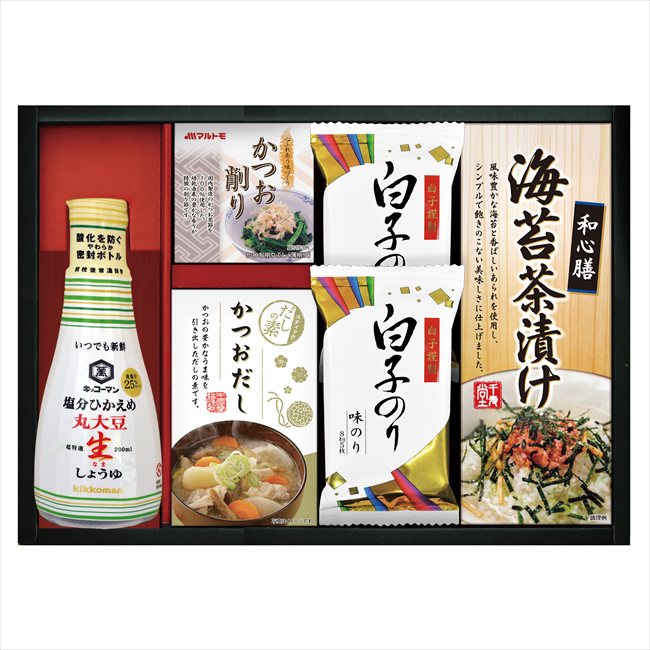 ■セット内容：キッコーマン塩分ひかえめ丸大豆生しょうゆ200ml、マルトモかつおパック（0.7g×3）、かね七かつおだし（4g×5）、海苔茶漬け（6.0g×5）、白子のり味のり（8切5枚）×2 メーカー希望小売価格はメーカーカタログに基づい...