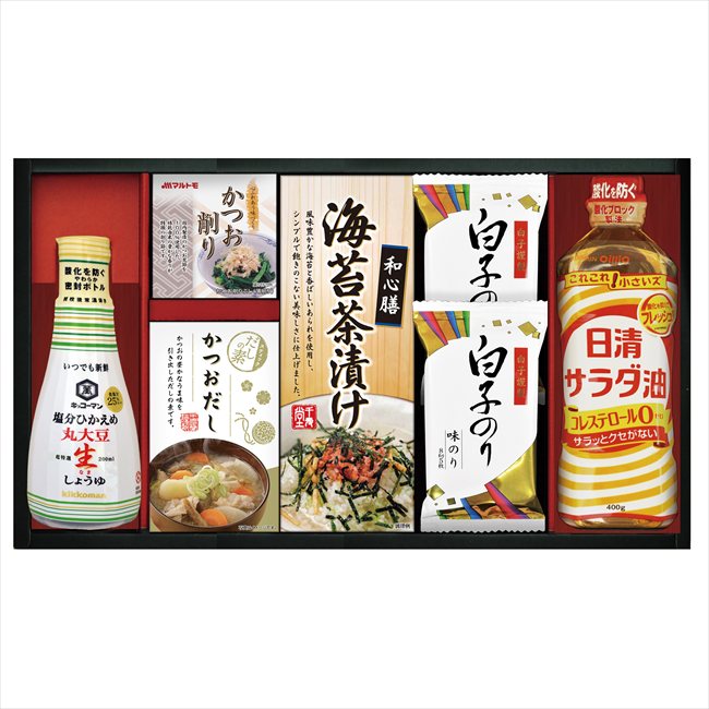 ■セット内容：キッコーマン塩分ひかえめ丸大豆生しょうゆ200ml、マルトモかつおパック（0.7g×3）、かね七かつおだし（4g×5）、海苔茶漬け（6.0g×5）、白子のり味のり（8切5枚）×2、日清サラダ油400g メーカー希望小売価格はメ...