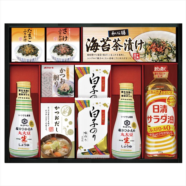 ■セット内容：キッコーマン塩分ひかえめ丸大豆生しょうゆ200ml×2、マルトモかつおパック（0.7g×3）、かね七かつおだし（4g×5）、海苔茶漬け（6.0g×5）、白子のり味のり（8切5枚）×2、日清サラダ油400g、丸美屋たまごふりかけ...