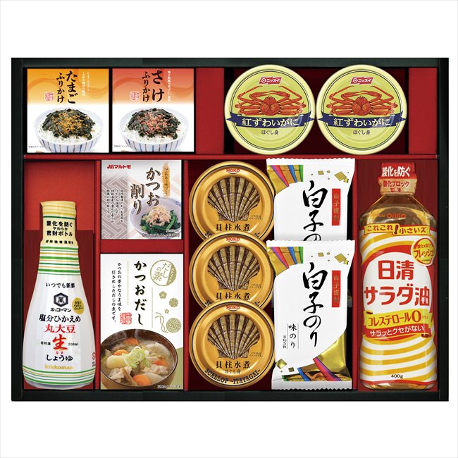 ■セット内容：キッコーマン塩分ひかえめ丸大豆生しょうゆ200ml、マルトモかつおパック（0.7g×3）、かね七かつおだし（4g×5）、白子のり味のり（8切5枚）×2、日清サラダ油400g、丸美屋たまごふりかけ（2.5g×3）、丸美屋さけふり...