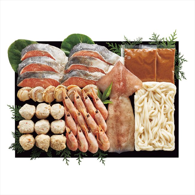 ※商品はお取り寄せとなりますのでご注意ください ■商品説明： ■商品内容: 石狩鍋セット（秋鮭切身40g×6切、ボイル海老×12尾、ボイル帆立×6個、かに入つみれ×3個、えび入つみれ×3個、とりごぼうつみれ×3個、ツボ抜きいか100g×1尾...