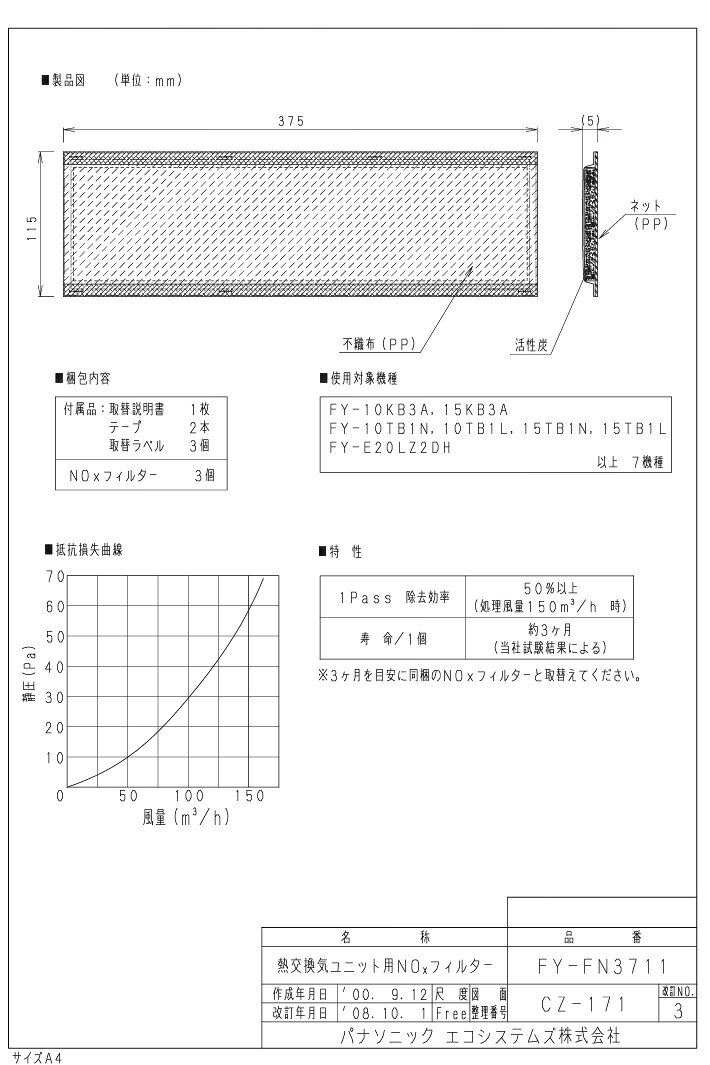 パナソニック電工 気調システム関連部材NOXフィルター FY-FN3711気調システム NOXフィルターご不在時の商品配達のご連絡のため、電話番号はなるべく携帯電話の番号を入力してください。メーカー希望小売価格はメーカーカタログに基づいて掲...