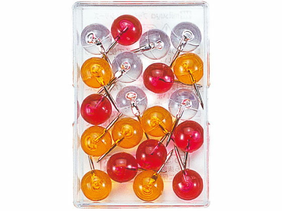 【商品説明】直径10ミリの丸型画鋲。地図などのポイント表示に便利です。【仕様】●寸法：頭径Φ10mm、針長10mm●材質：PS樹脂、鋼線●包装：収納便利なPSケース入り●入数：約20本●色：クリアフルーツカラー3色アソート【検索用キーワード...