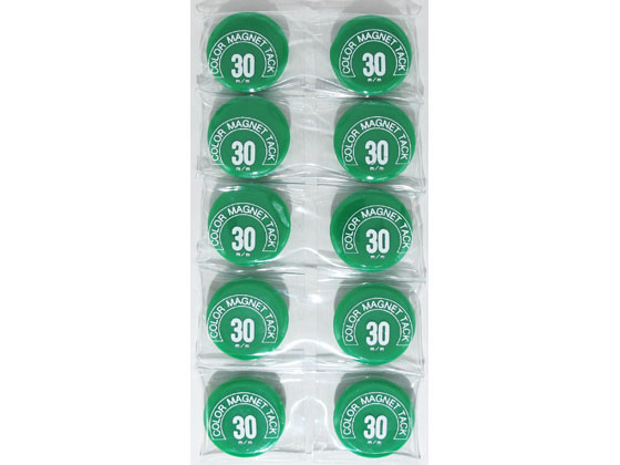 【商品説明】直径30ミリのマグネット。プラスチック部分が平らなのでシールなどを貼ることが出来ます。【仕様】●寸法：成型部Φ30mm、磁石Φ20mm●材質：再生PS樹脂40％、ヨ−ク板、マグネット●包装：10個連結PVC個装●入数：10個入●...