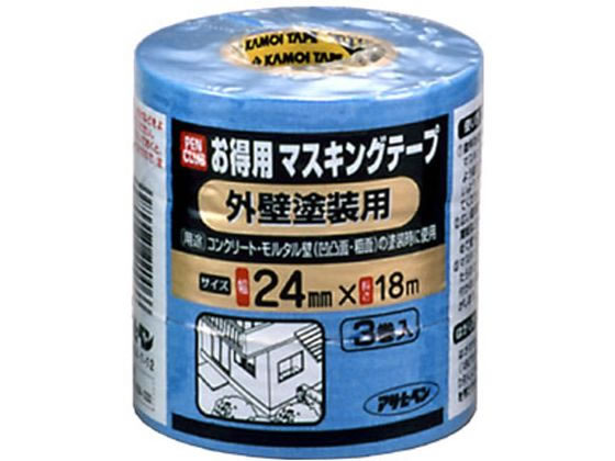 【商品説明】●強粘着タイプで粗面によくなじみます。●【用途】コンクリート、モルタル壁の塗装時に。【仕様】●内容：24mm×18m（3巻入）●重量：115g●材質：ゴム系粘着剤【備考】※メーカーの都合により、パッケージ・仕様等は予告なく変更に...