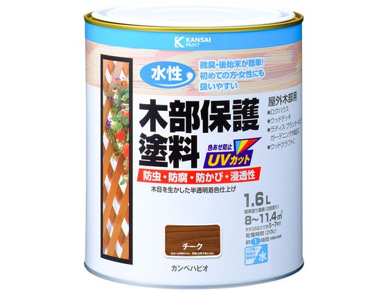 【商品説明】●木目をいかしたまま表面に塗膜を作らず着色するので、木材の持つ自然な風合いを引き立たせます。●木材保護成分も配合されているので防虫・防腐・防カビ・防藻・UVカット効果を発揮します。【仕様】●容量：1．6L●色：チーク●商品サイズ...