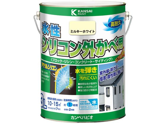 【商品説明】●高耐久アクリル・シリコン樹脂配合だから紫外線・排ガス・雪・酸性雨など外敵から建物を守り、長期間風合い・ツヤを保ちます。●臭いが少なく、乾燥も速く、使いやすい水性タイプ。※乾くと雨や水で流れ落ちる事はありません。●防カビ剤配合だ...