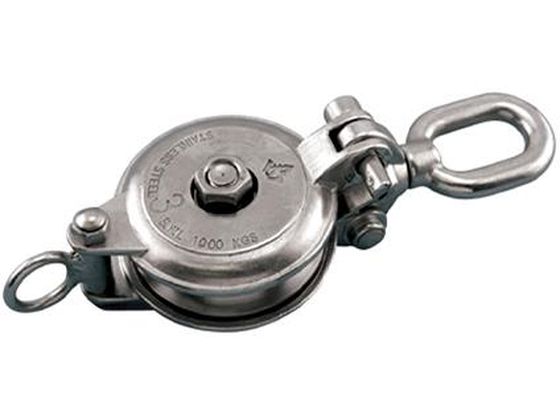 【仕様】●使用荷重（kg）…907●使用ワイヤー径（mm）…〜5mm●車径…82mm●全長…228mm●材質…ステンレス（SUS316）●重量…1．29kg●スイベル式（360°回転）●ベケット付●ワイヤーロープ用●SUS316製で耐食性と...