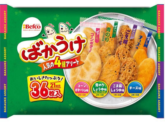 【商品説明】人気のばかうけをアソートした大袋商品です。青のりしょうゆ味2枚×5袋、ごま揚しょうゆ味1枚×6袋、チーズ味2枚×5袋、コーンポタージュ味2枚×5袋、合計21袋、36枚入りです。【仕様】●内容量：36枚【備考】※メーカーの都合によ...