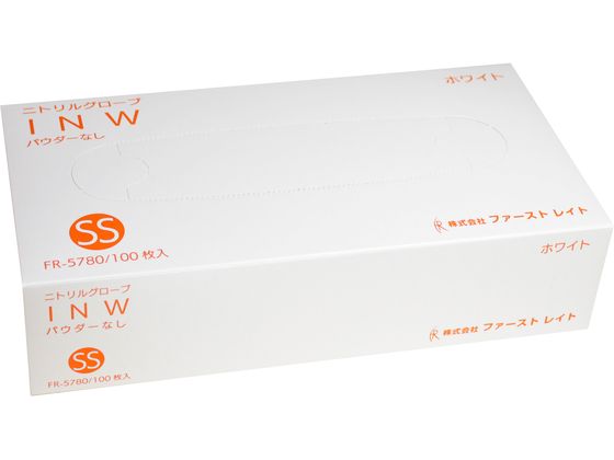 【商品説明】薄手で柔らかいパウダーフリー白色ニトリル手袋です。ニトリル合成ゴム製の為、ラテックスアレルギーの心配がありません、耐薬性に優れています。食品衛生法適合品。【仕様】●サイズ：SS●寸法：手甲幅75mm（±2mm）●材質：合成ゴム●...