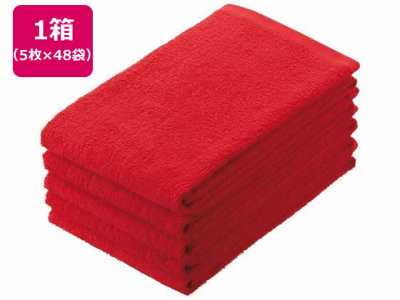 【商品説明】汚れの目立ちにくい濃色無地カラーのタオルです。肌になじみやすく、吸水性がよいのが特徴です。建設業・製造業に【仕様】●色：赤●材質：綿100％●個装入数：5枚●注文単位：1箱（5枚×48袋）【備考】※メーカーの都合により、パッケー...