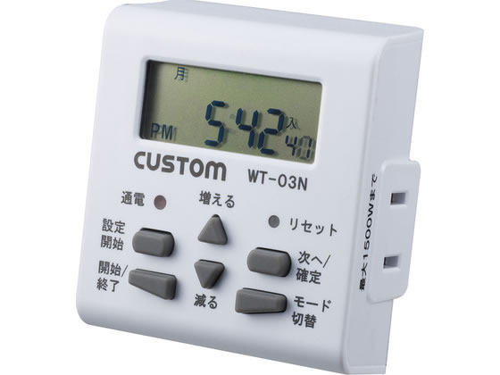 【仕様】●型番…WT−03N　●仕様…コンセント直結式　●定格電圧…AC100V、50／60Hz　●容量…15A以下（1、500W以下）　●時計精度…±5秒／日　●タイマー設定…ON／OFFの設定が20通り可能　●消費電力…1W以下　●使用...