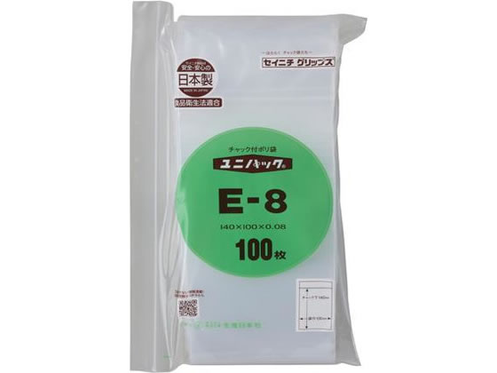 【仕様】●メーカー…生産日本社（セイニチ）　●型番…E−8　●商品名…ユニパック　●厚み（mm）…0．08　●チャック下サイズ（mm）…140×100　●材質…ポリエチレン（LDPE）　●重量…2．65g／枚　●入数…100枚　●フィルム厚...