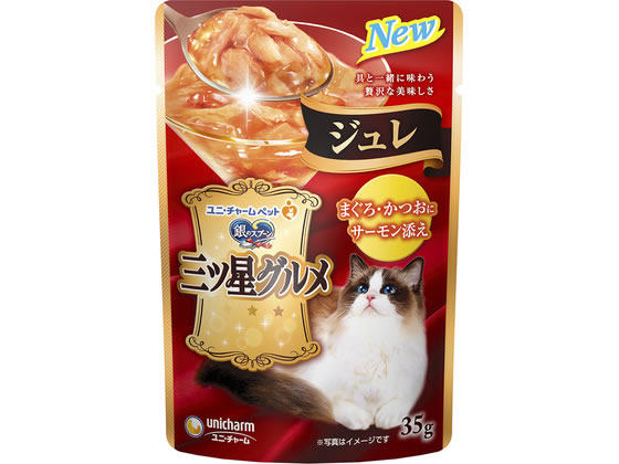 【仕様】●内容量：35g【備考】※メーカーの都合により、パッケージ・仕様等は予告なく変更になる場合がございます。【検索用キーワード】ゆにちゃーむ　銀のスプーン　三ツ星グルメパウチジュレ　まぐろ・かつおにサーモン添え　35g　銀のスプーン　成...