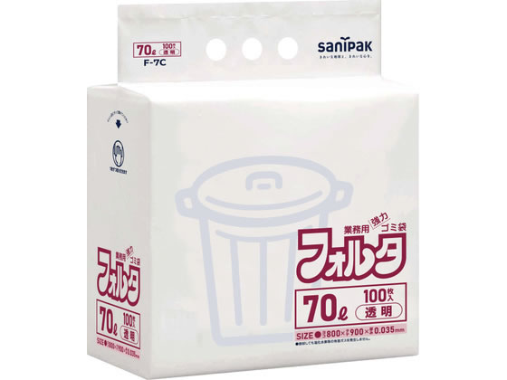 【仕様】●メーカー…日本サニパック（sanipak）　●型番…F−7C　●容量…70L　●サイズ…800×900mm　●厚み…0．035mm　●色…透明　●材質…LLDPE　●入数…100枚　●耐冷温度…−30℃　●従来の1／4に折りたたま...
