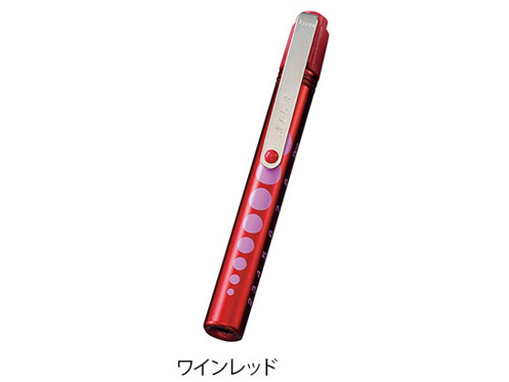 【商品説明】●電球色に近い光のソフトLEDタイプです。【仕様】●色：ワインレッド●サイズ（mm）：Φ12×105●電源：単4乾電池×1本（テスト用付属）●材質：アルミニウム●重量：20g●ノック式●生産国：日本【検索用キーワード】照明器具　...